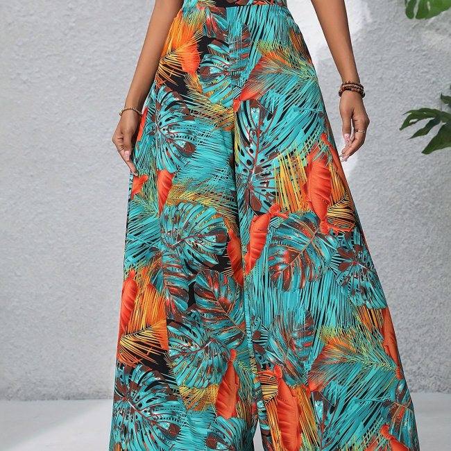 Boho Plants Print Pants, Casual High Waist Elastic Wide Leg Summer ...