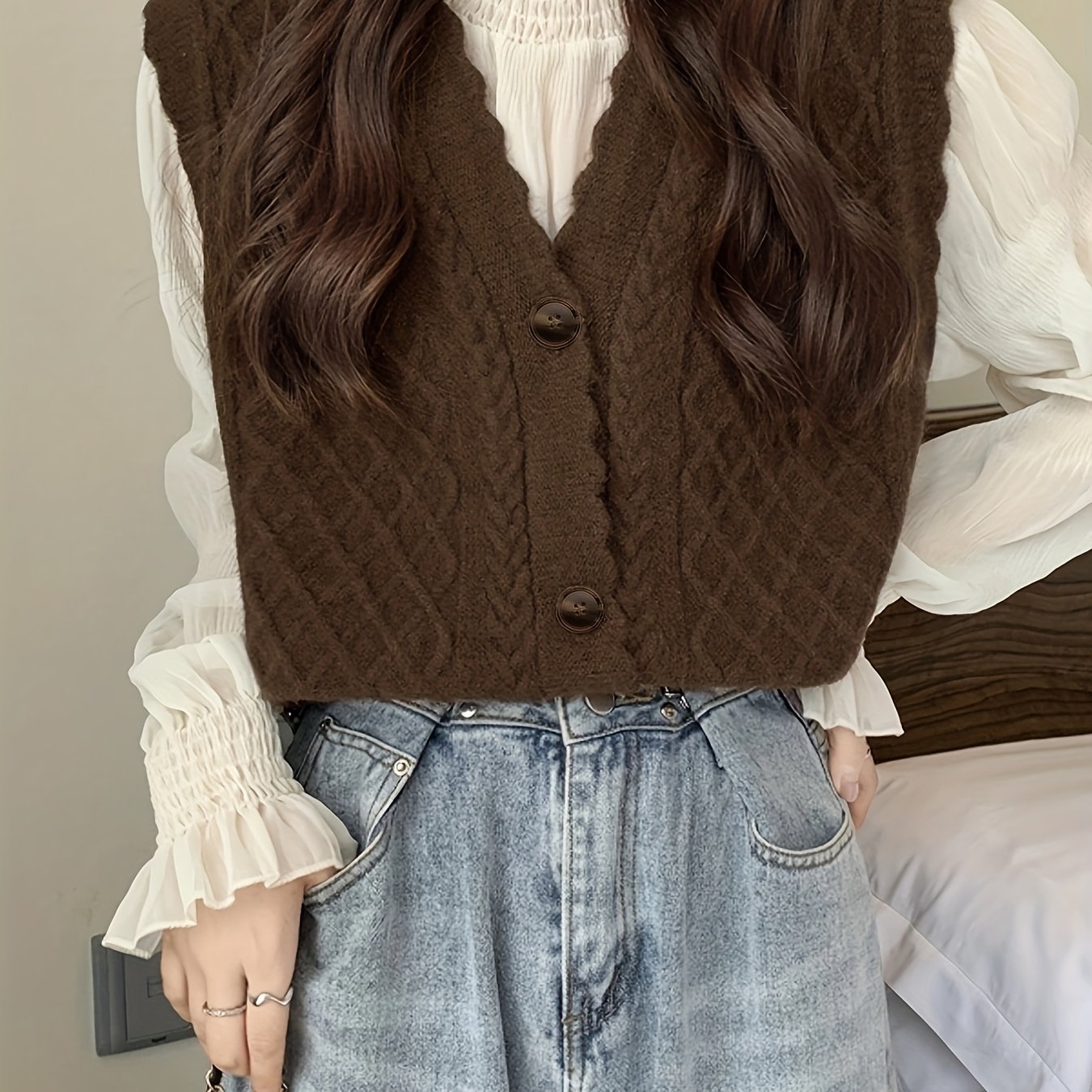 Cable Knit Button Sweater Vest, Casual Sleeveless V Neck Scallop Trim ...