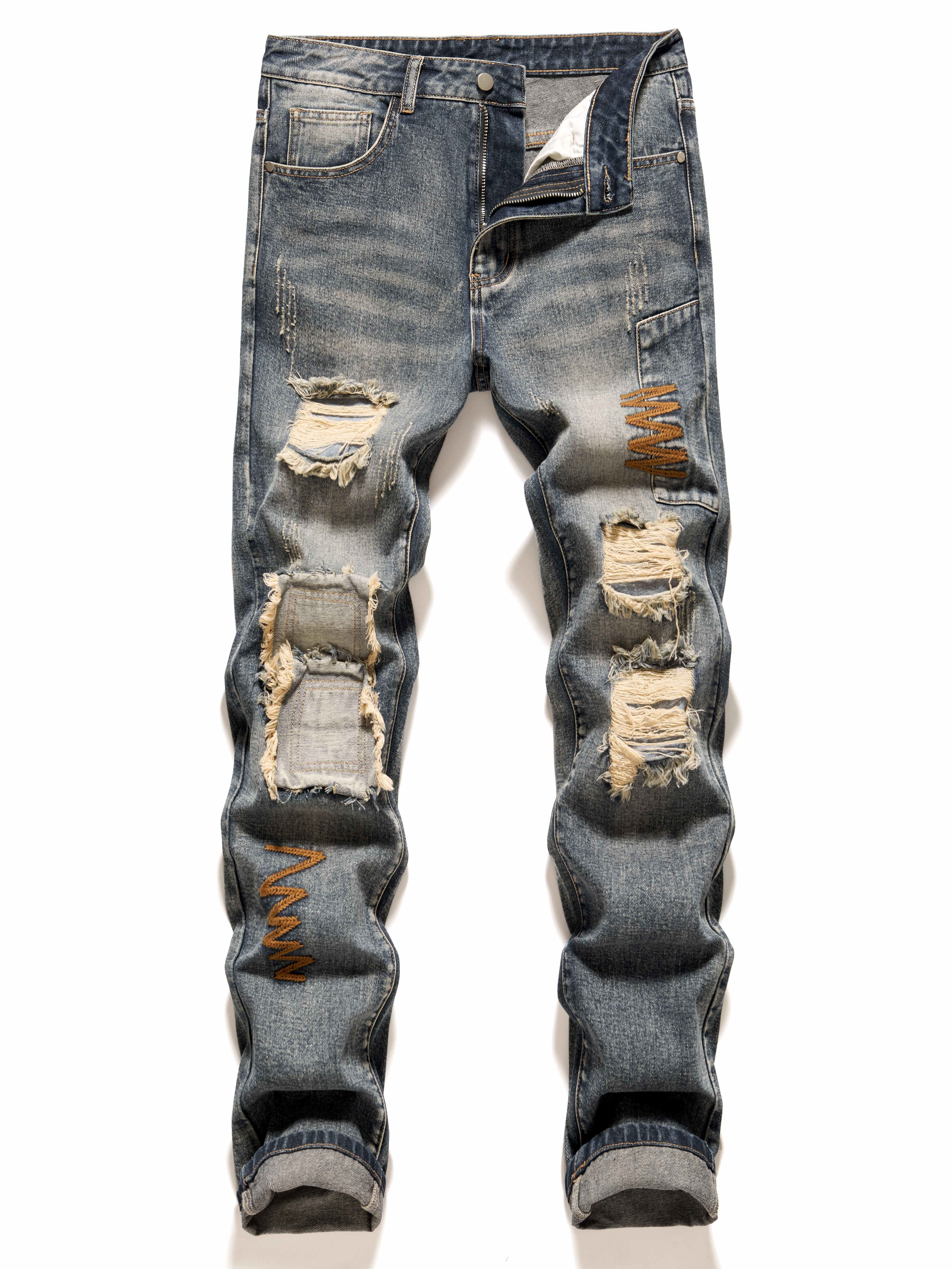 Men Chevron Embroidered Ripped Slim Straight Jeans