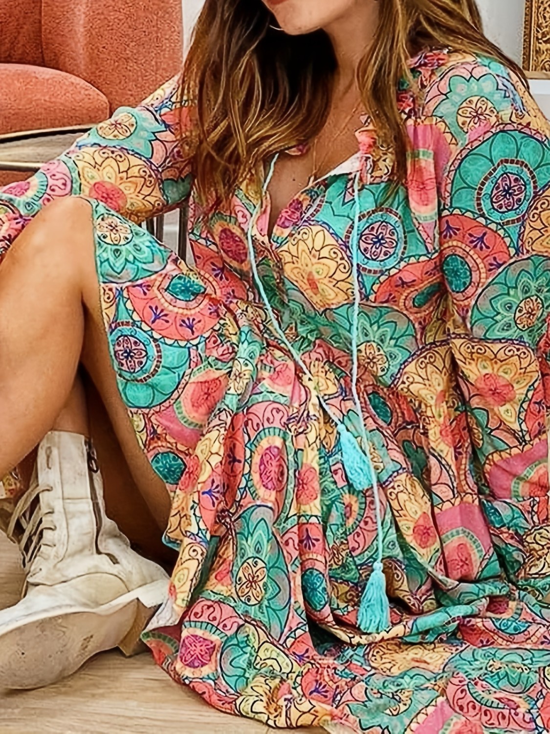 Mandala Floral Print Dress, Boho Drawstring Long Sleeve Maxi Dress ...