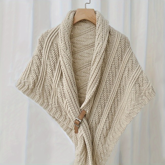 Solid Color Knit Triangle Shawl Elegant Faux Leather Buckle Cross Shawl ...