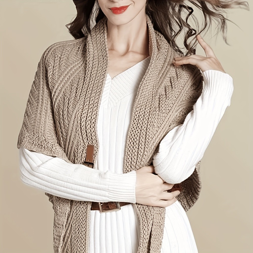 Solid Color Knit Triangle Shawl Elegant Faux Leather Buckle Cross Shawl ...