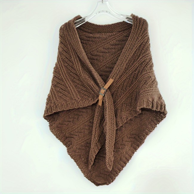 Solid Color Knit Triangle Shawl Elegant Faux Leather Buckle Cross Shawl ...