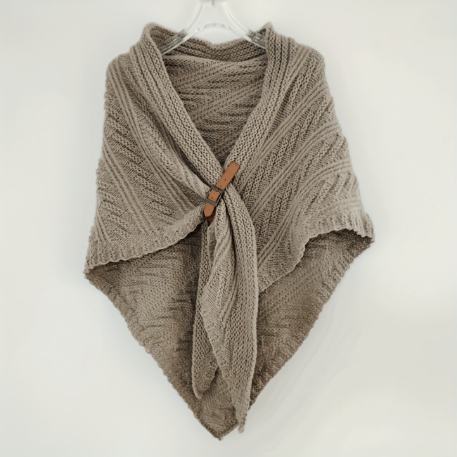 Solid Color Knit Triangle Shawl Elegant Faux Leather Buckle Cross Shawl ...