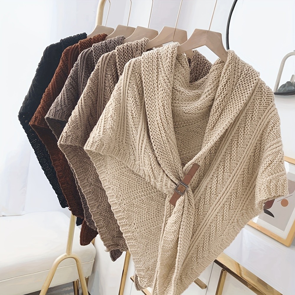 Solid Color Knit Triangle Shawl Elegant Faux Leather Buckle Cross Shawl ...