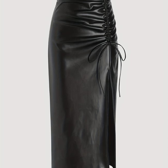 Faux Leather Drawstring Split Skirt, Casual High Waist Bodycon Solid ...