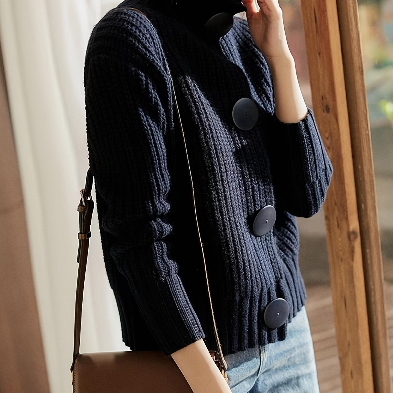 Chunky Knit Button Sweater, Solid Turtle Neck Long Sleeve Sweater ...