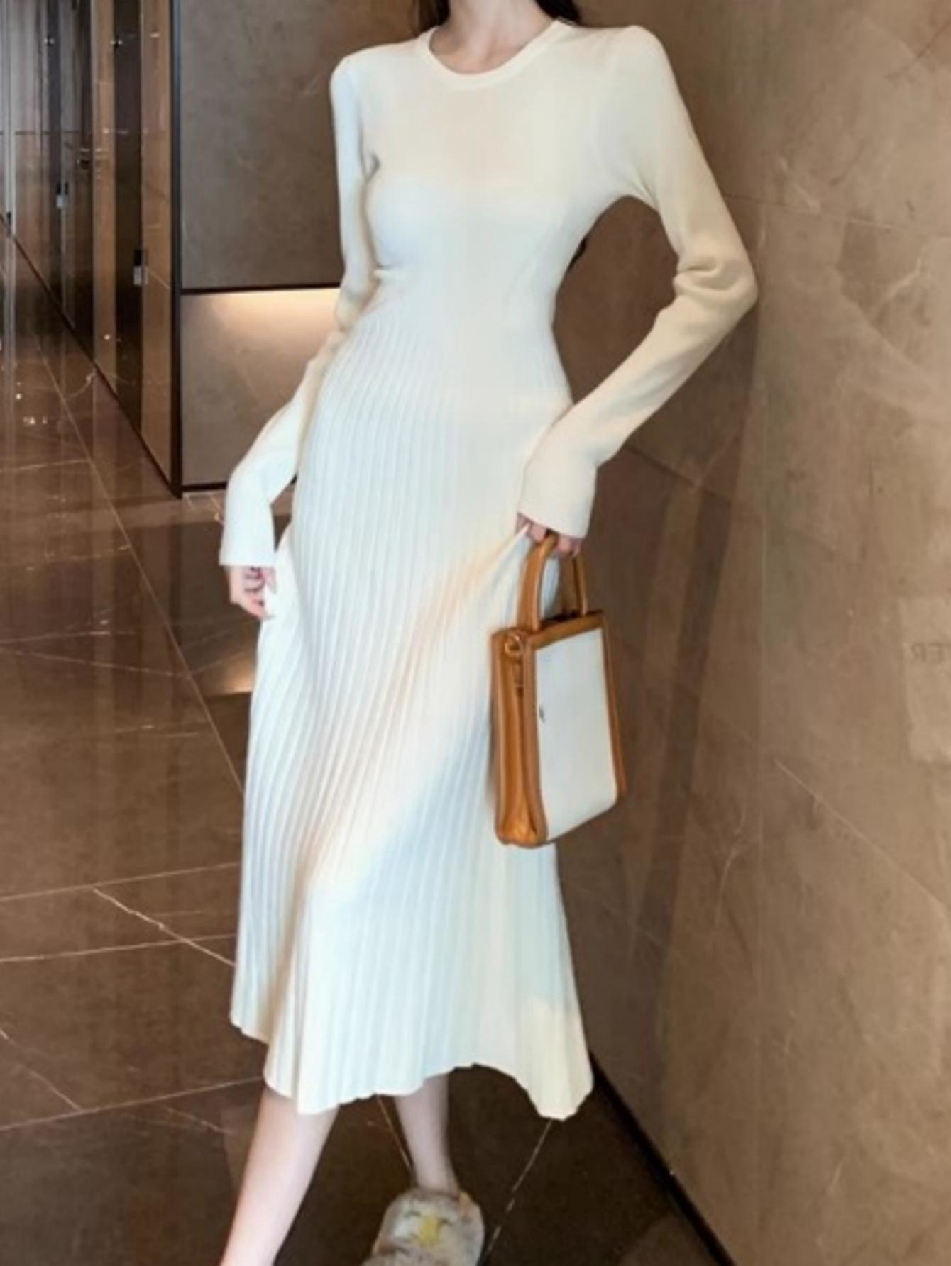 Solid Crew Neck Sweater Dress, Elegant Long Sleeve Long Length Dress ...