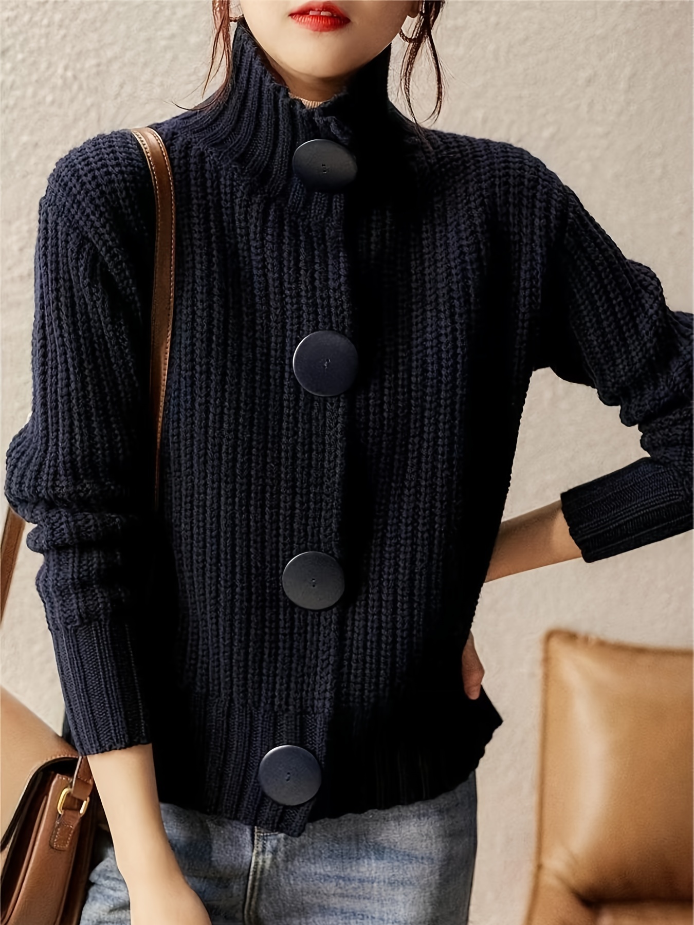 Chunky Knit Button Sweater, Solid Turtle Neck Long Sleeve Sweater ...