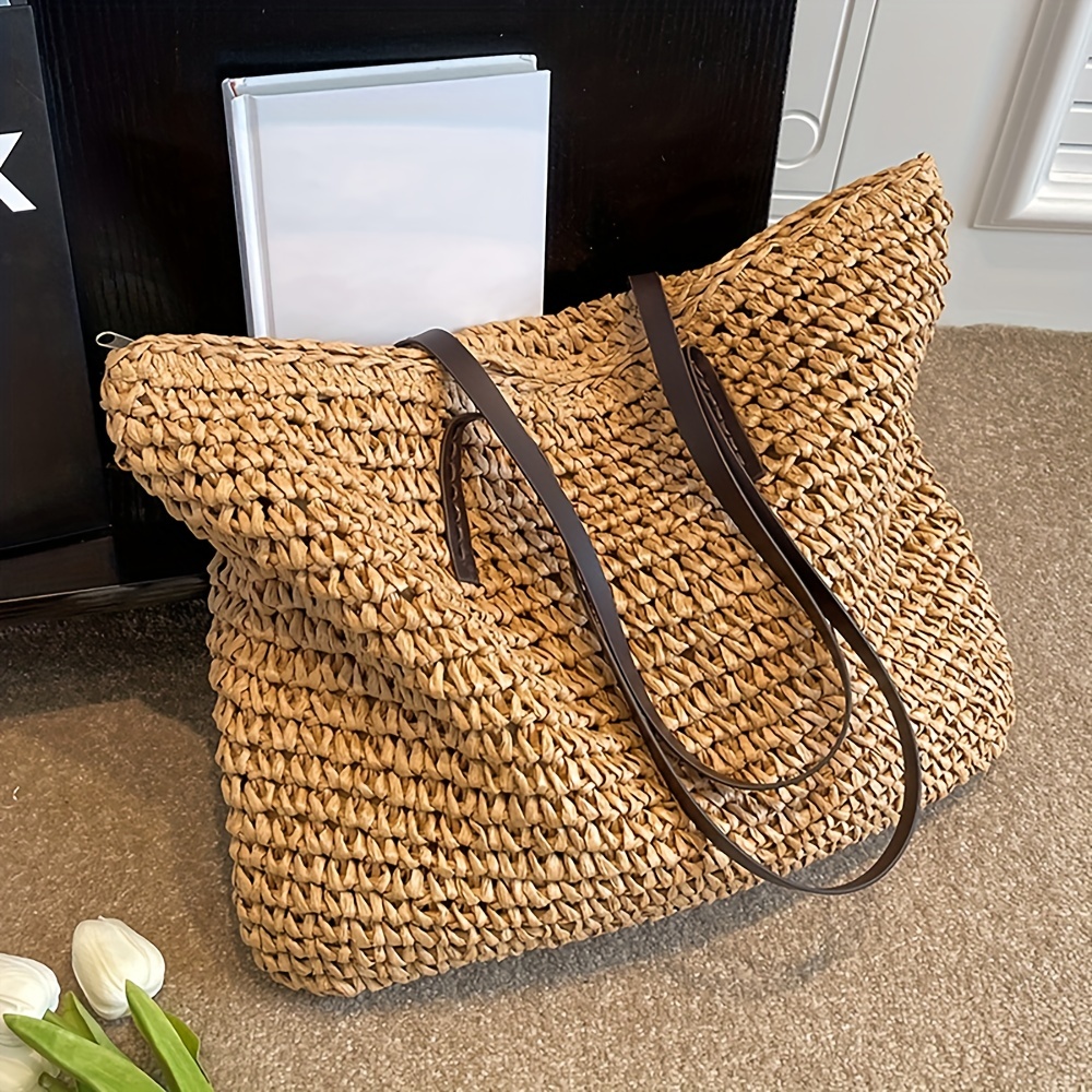 Straw Woven Large Capacity Tote Bag, Lightweight Shopping Zipper ...