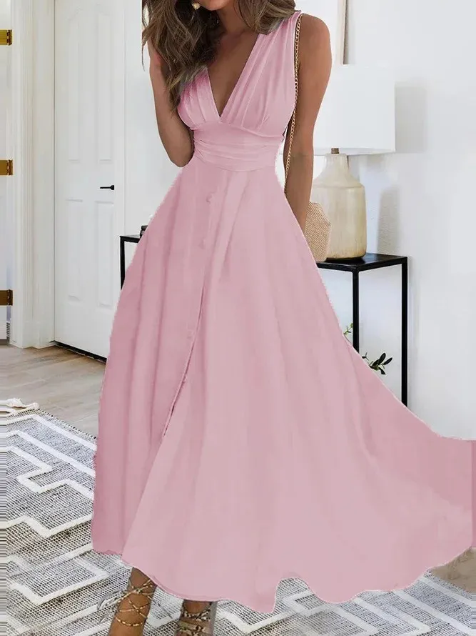 Elegant V Neck Solid Color Casual Dress Long Dress
