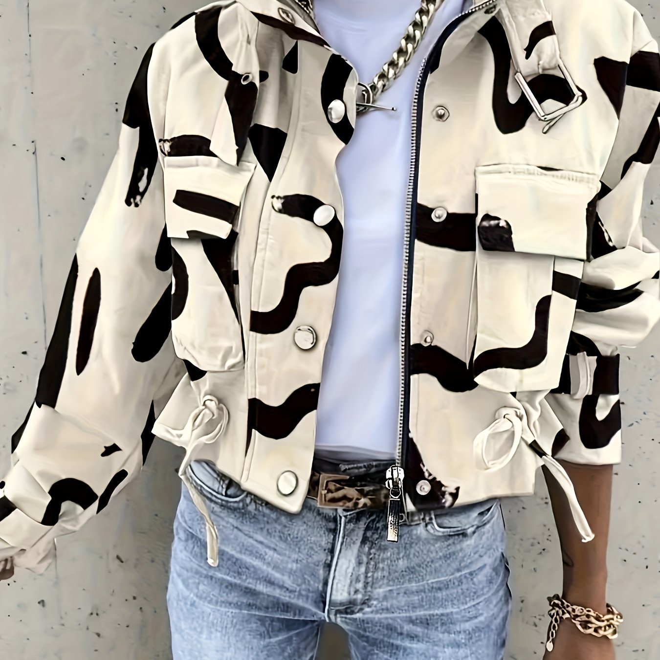 Plaid Print Drawstring Jacket Casual Button Front Long Sleeve