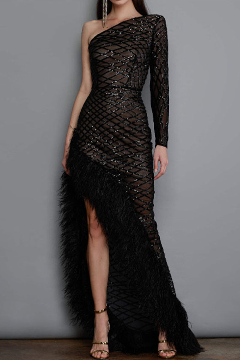 Sexy Party Solid See-through Feathers Oblique Collar Irregular Dress ...