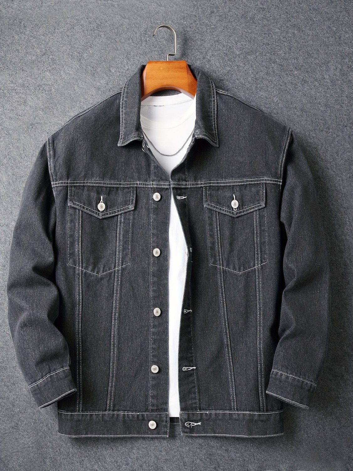 Men's Trendy White Line Double Pocket Loose Denim Jacket