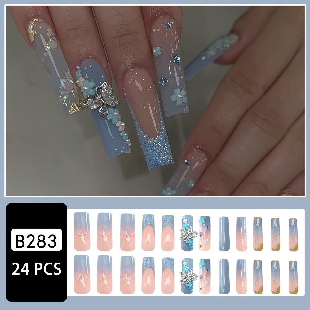 24pcs Glossy Long Ballerina Fake Nails, Blue Gradient Press On Nails ...