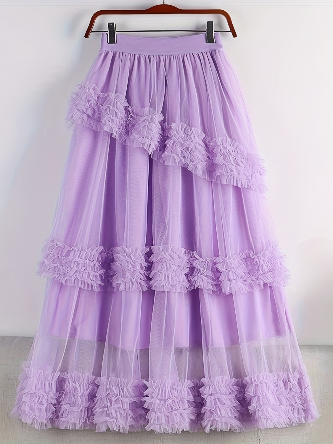 Mesh Overlay Elastic Waist Tiered Skirt, Elegant Ruffle Decor A-line ...