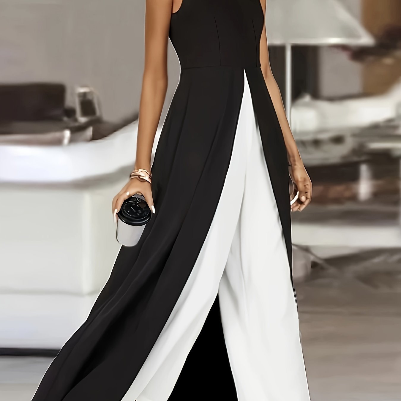Color Block Crew Neck Tank Jumpsuit, Elegant Sleeveless Jumpsuit For ...