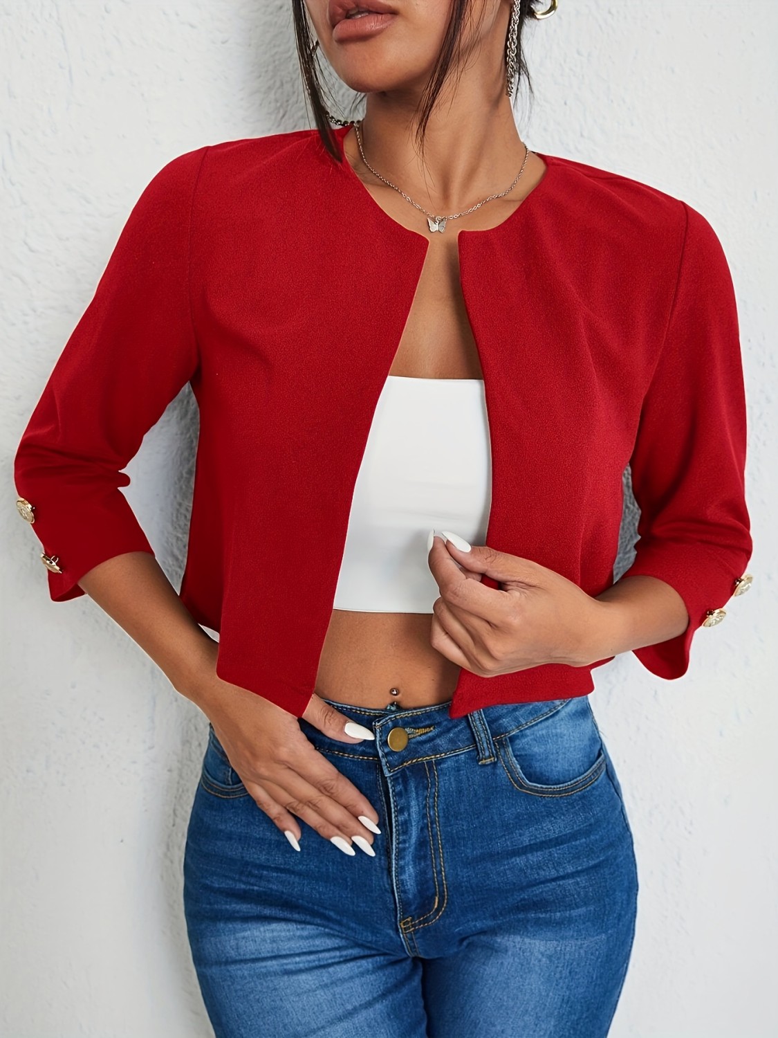 Solid Color Open Front Blazer, Elegant Three-quarter Sleeve Button ...