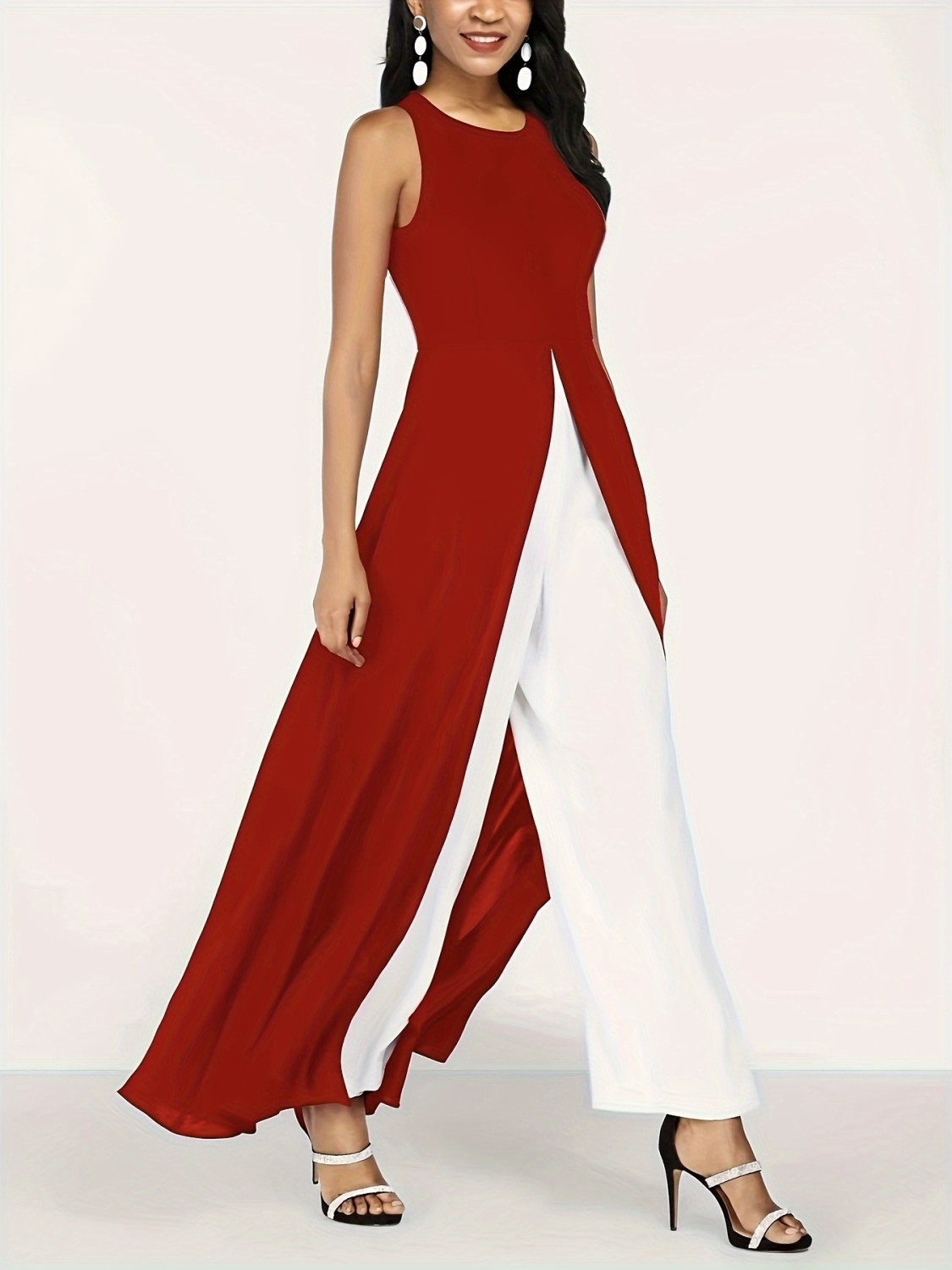 Color Block Crew Neck Tank Jumpsuit, Elegant Sleeveless Jumpsuit For ...