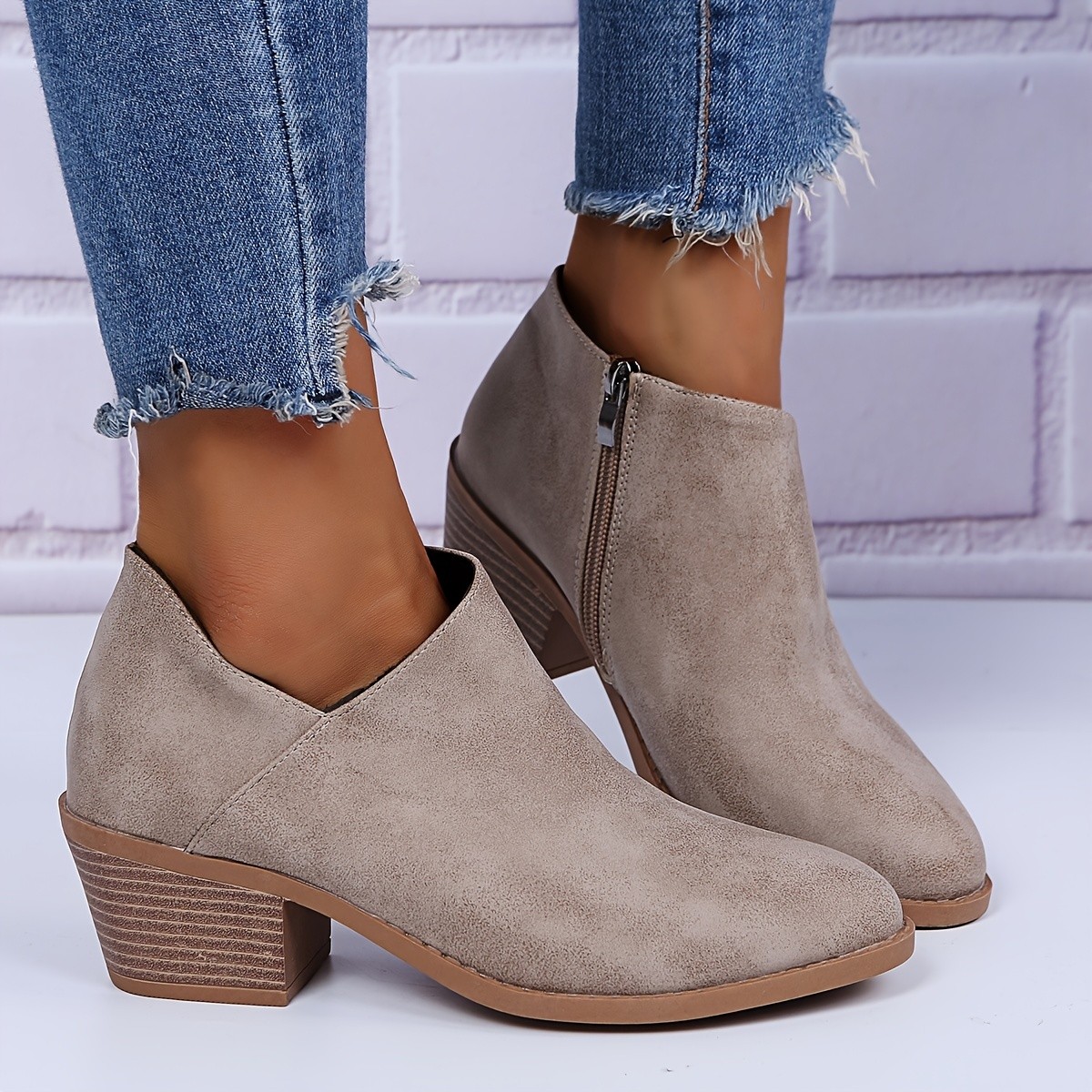 Women's Ankle Stacked Heel Short Boots, V Cut Side Zipper Non Slip ...