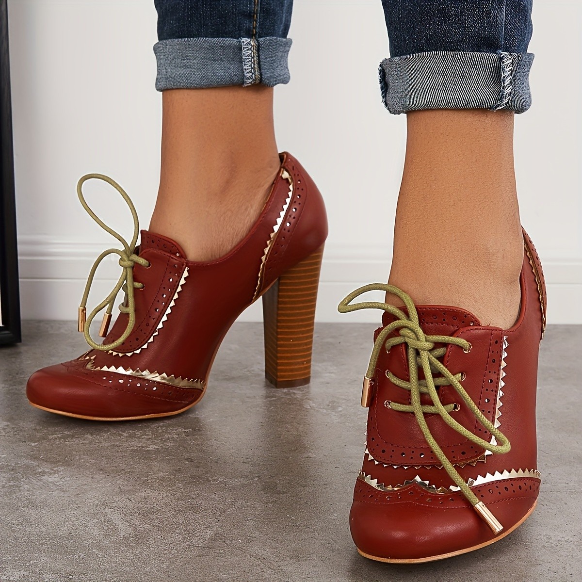 Women's Lace-up Chunky High Heels, Faux Leather Retro Round Toe Stacked ...