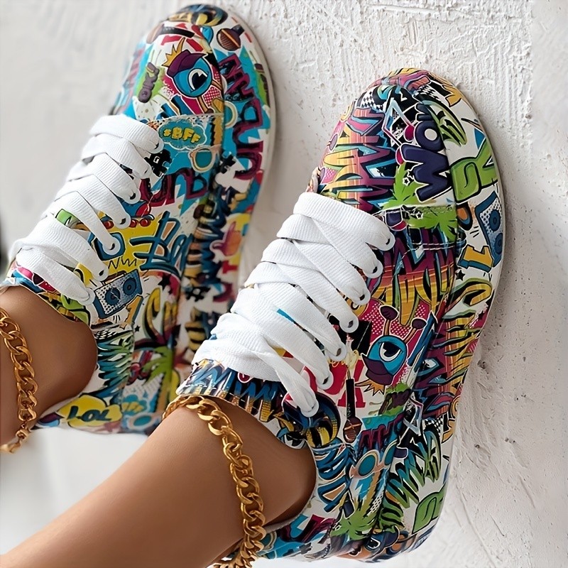 Women's Graffiti Print Sports Shoes, Fashion Lace Up Low Top Platform ...