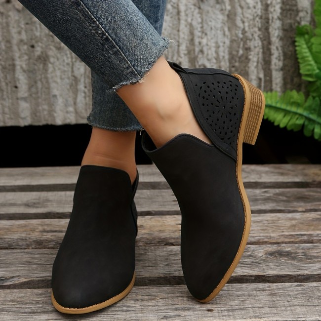 Women's Perforated Short Boots, Retro Pointed Toe Slip On Stacked ...