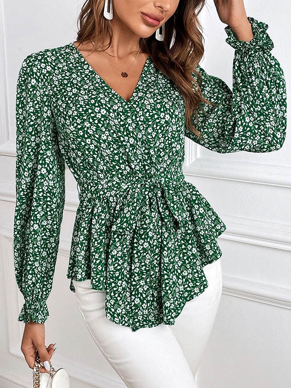 Flared Sleeves Long Sleeves Flower Print Tied Waist V-Neck Blouses ...