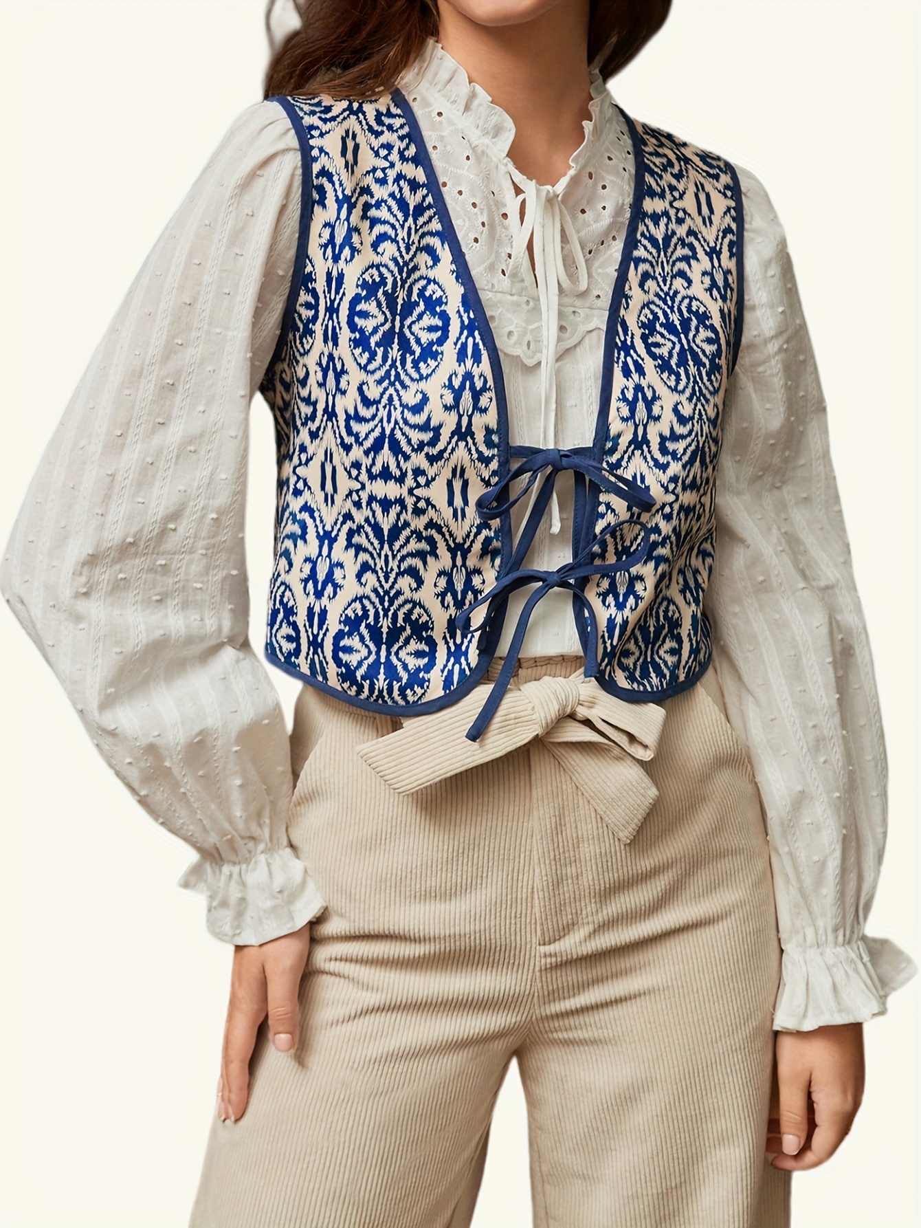 Mandala Print Open Front Tied Vest, Casual Sleeveless Crop Vest For ...