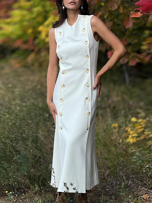 Column Sleeveless Solid Color Split-Joint Split-Side Round-Neck Maxi ...