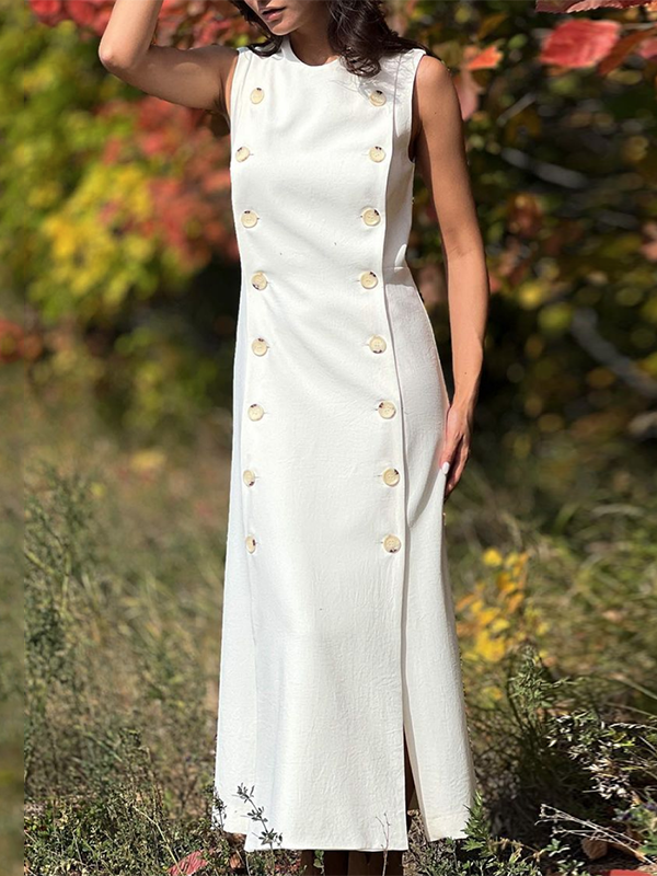 Column Sleeveless Solid Color Split-Joint Split-Side Round-Neck Maxi ...