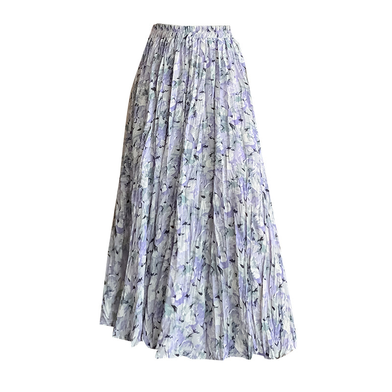 Fashion Floral Print Pleated Long Skirts Elastic High Waist Skirt