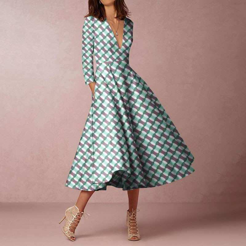 Vintage Geometric Print Women Dress Temperament Long Sleeve V-Neck Big ...