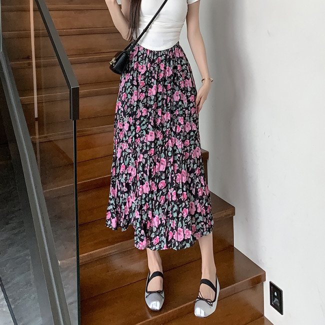 Fashion Floral Print Pleated Long Skirts Elastic High Waist Skirt