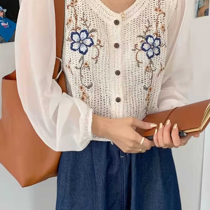 Floral Embroidered Button Up Cardigan, Elegant Contrast Mesh Long ...