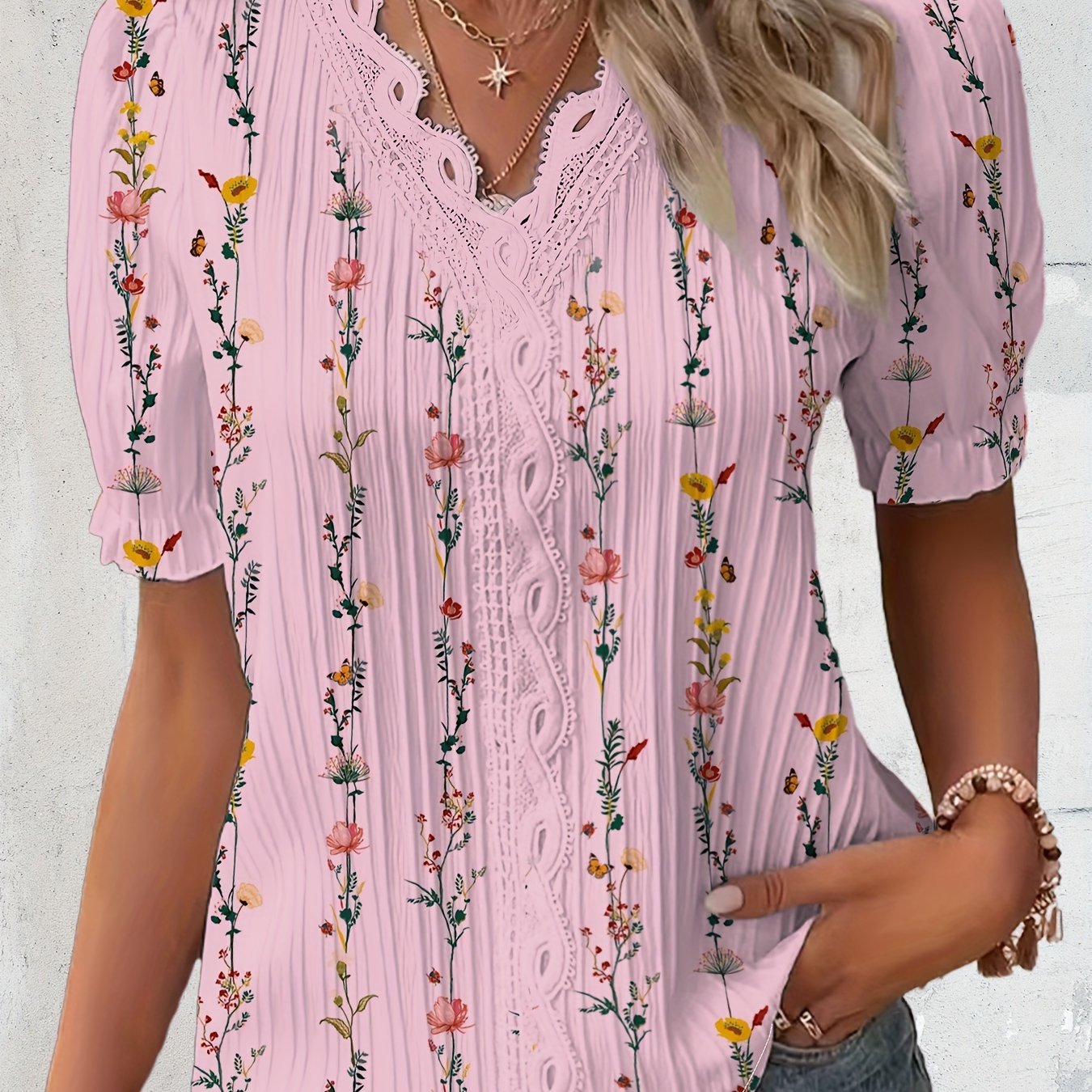 Plus Size Floral Print Lace Detail Blouse Elegant V Neck Textured