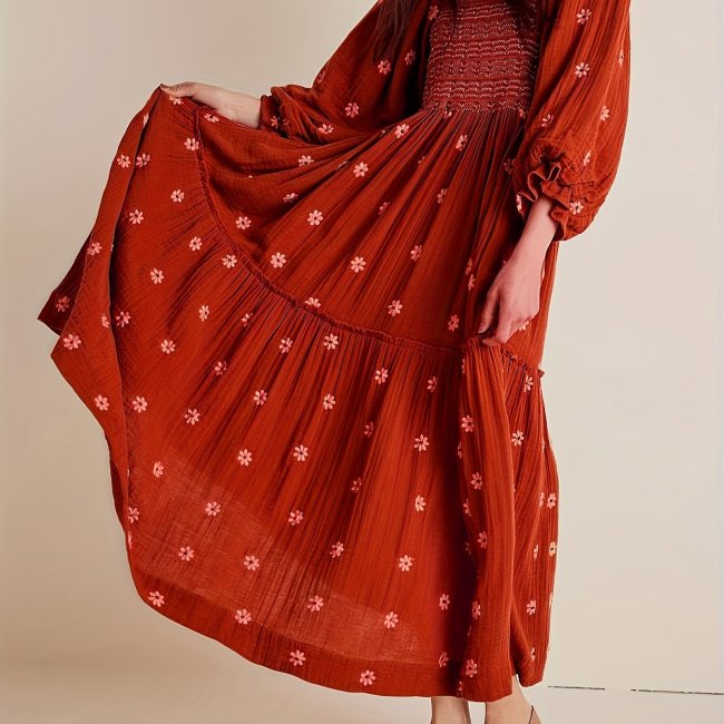 Floral Print Shirred Dress, Casual Square Neck Dress For Spring, Women ...
