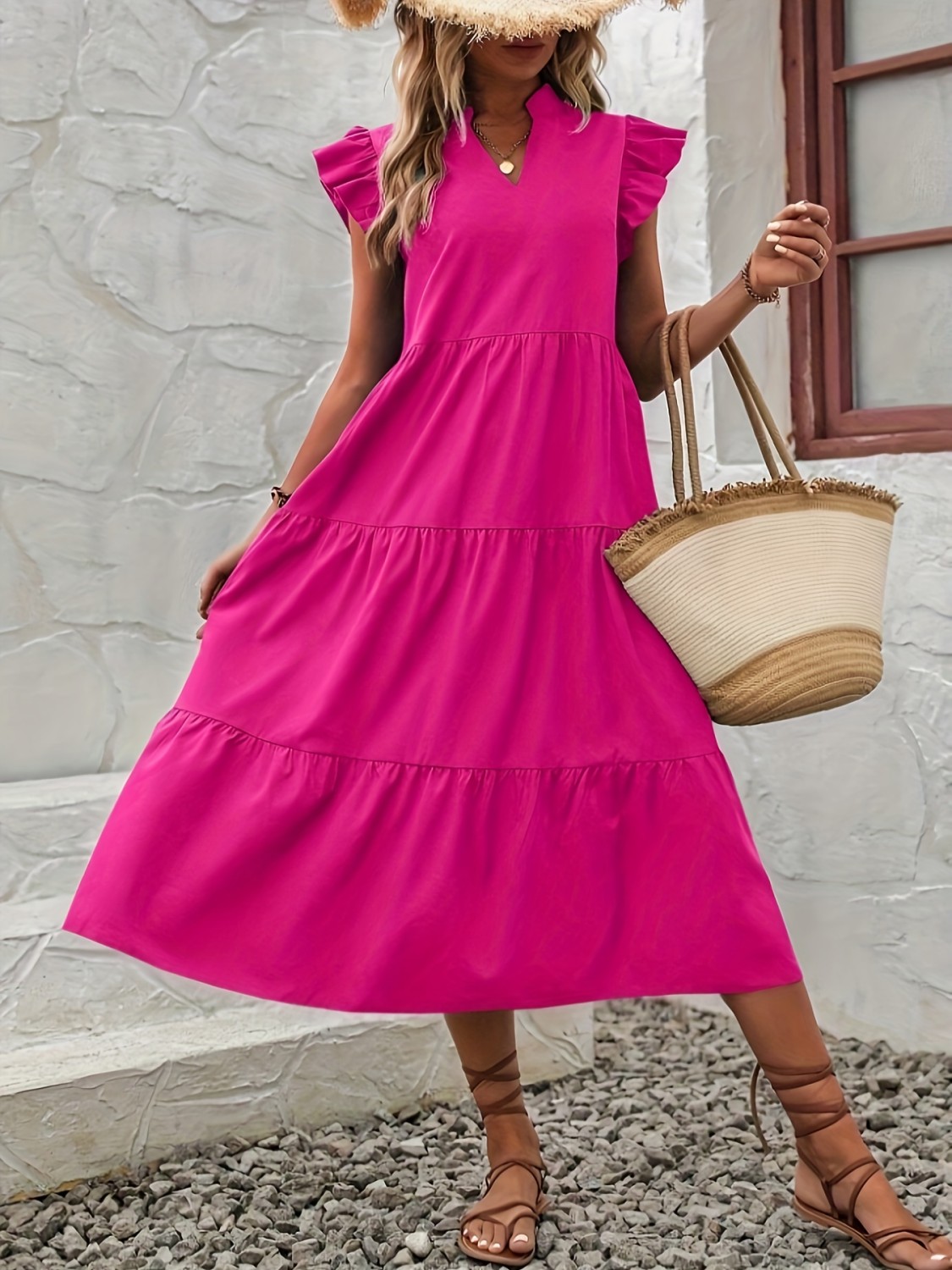 Ruffle Hem Loose Dress, Elegant V Neck Ruffle Sleeve Dress For Spring ...