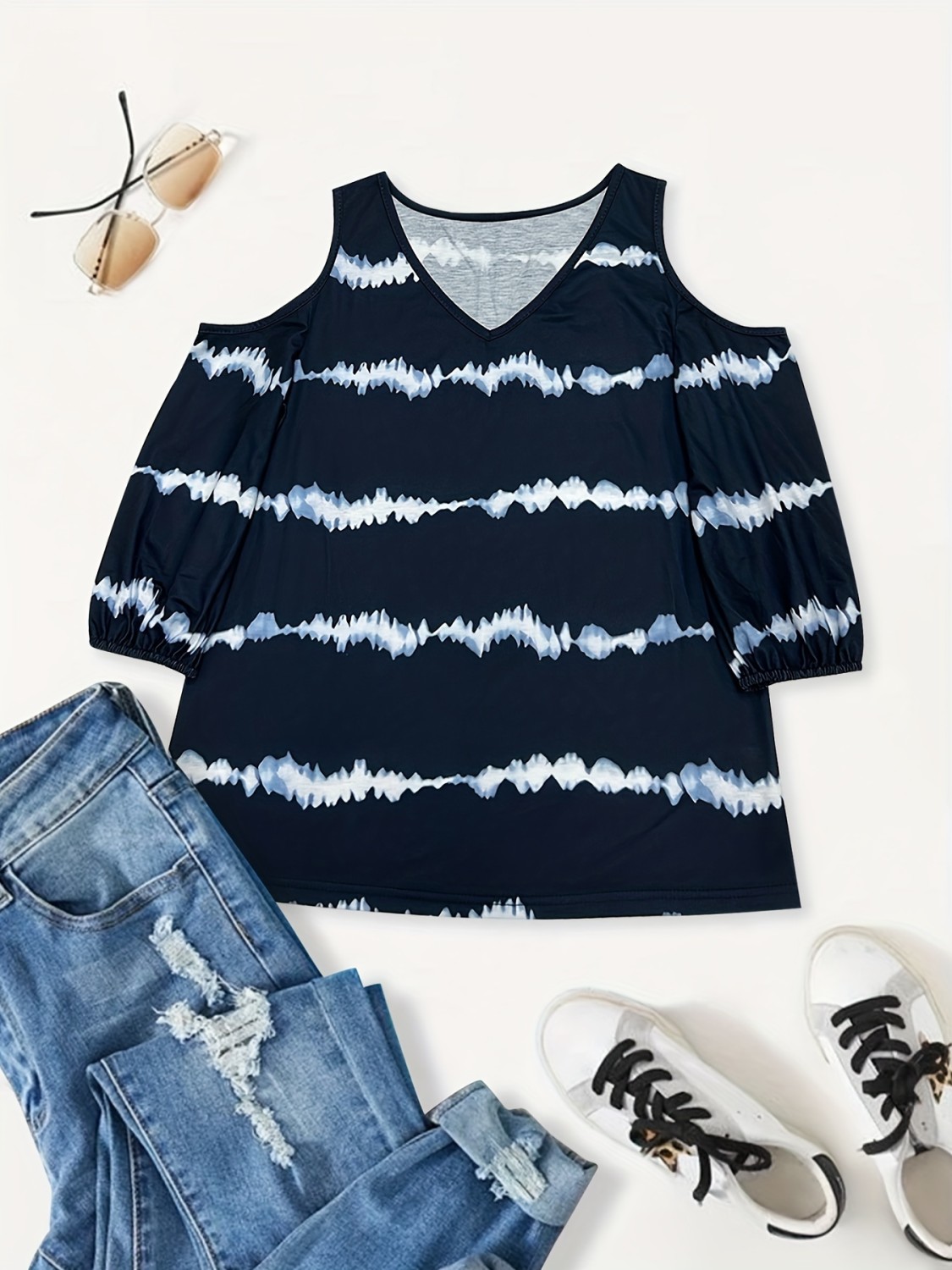 Irregular Stripe Print V Neck T-Shirt, Casual Cold Shoulder Half Sleeve ...
