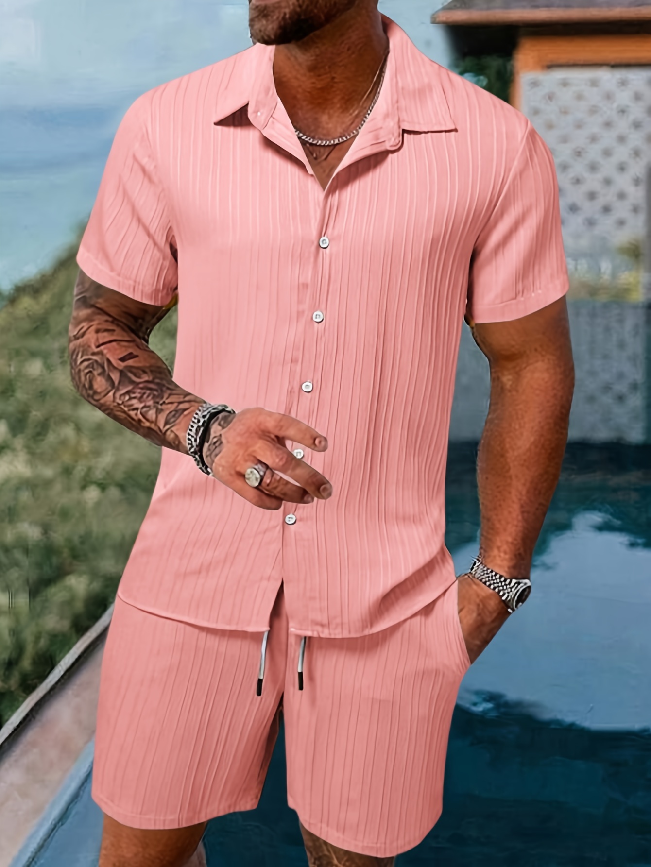 Men's Summer Two-Piece Set Casual Pleated Striped Shirt with Drawstring ...