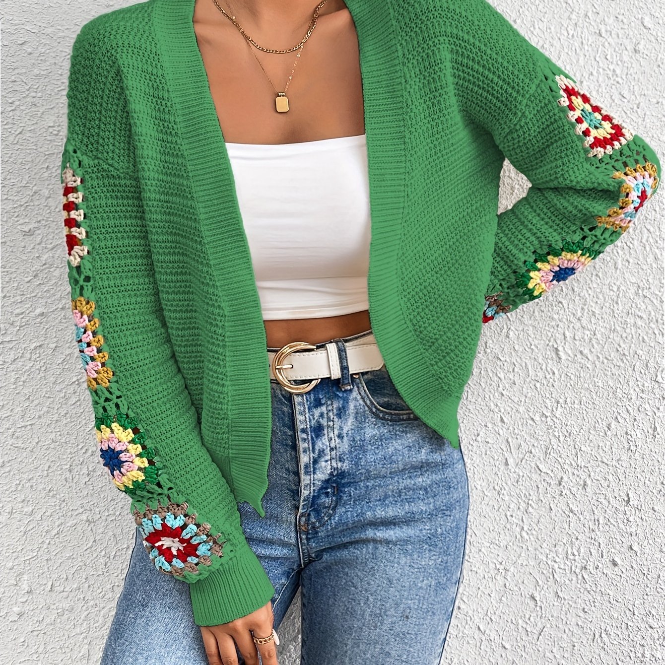 Floral Pattern Open Front Knit Cardigan, Elegant Long Sleeve Crop ...