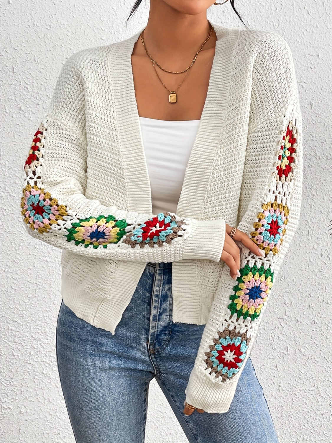 Floral Pattern Open Front Knit Cardigan, Elegant Long Sleeve Crop ...