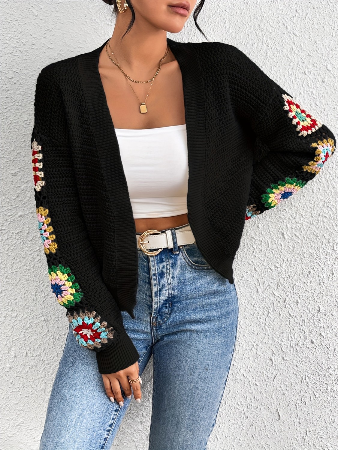 Floral Pattern Open Front Knit Cardigan, Elegant Long Sleeve Crop ...