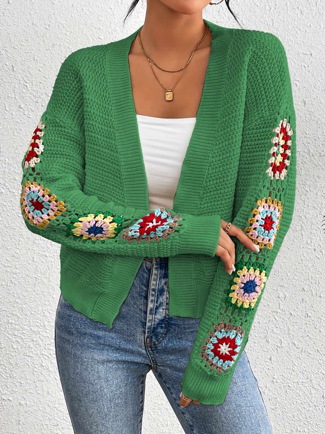 Floral Pattern Open Front Knit Cardigan, Elegant Long Sleeve Crop ...