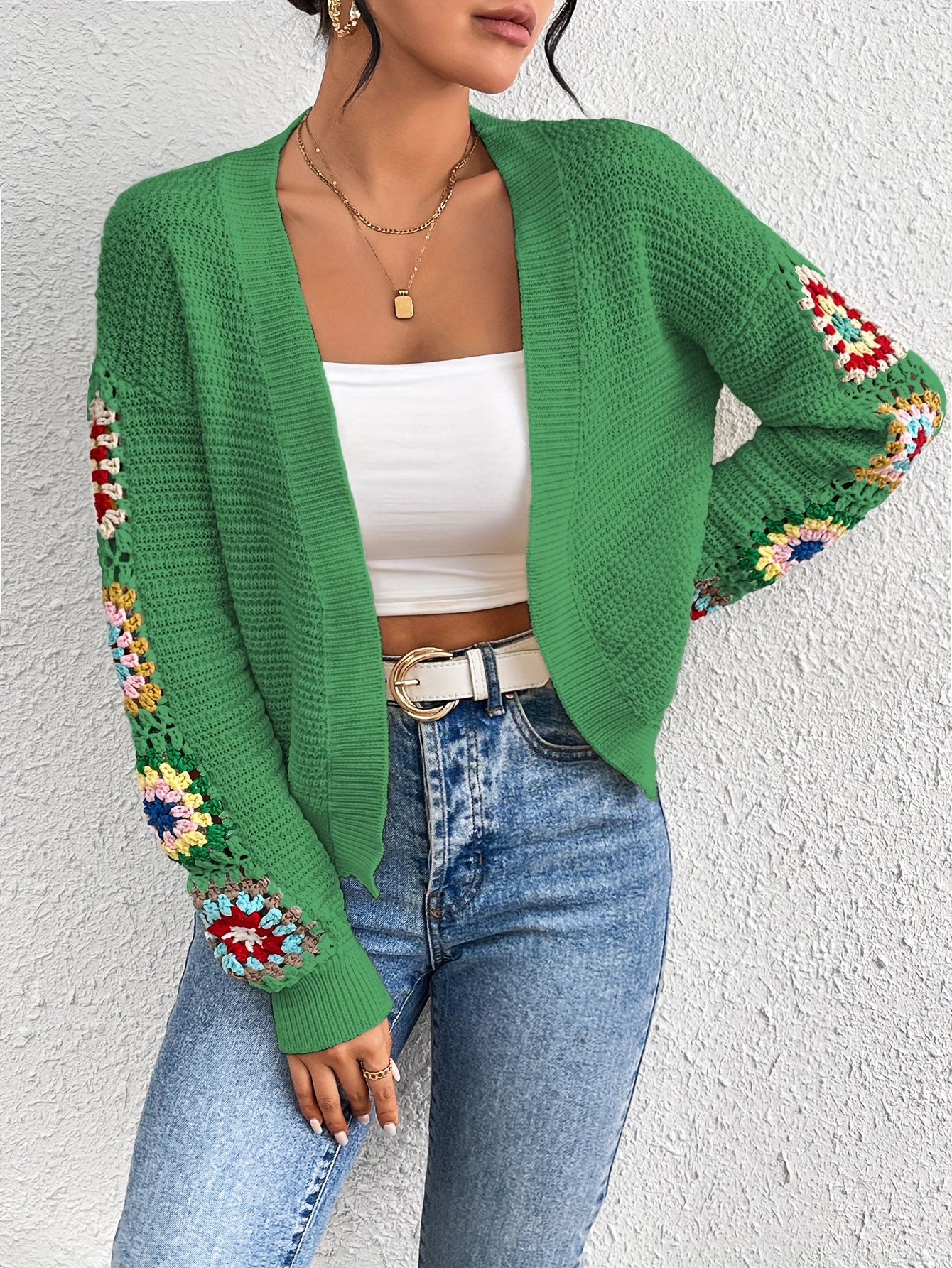 Floral Pattern Open Front Knit Cardigan, Elegant Long Sleeve Crop ...