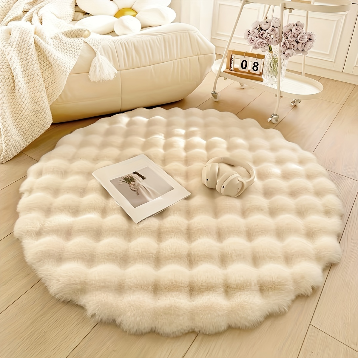 1pc Round Bubble Fleece Fabric Plush Rug - Soft, Fluffy, Comfortable ...