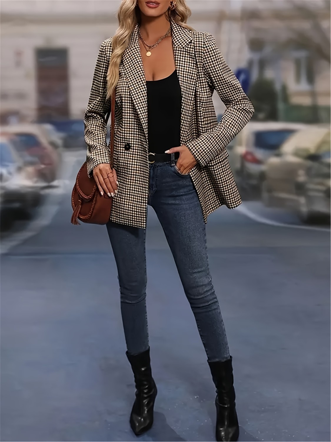 Plus Size Elegant Plaid Print Blazer - Long Sleeve, Open Front, Lapel ...