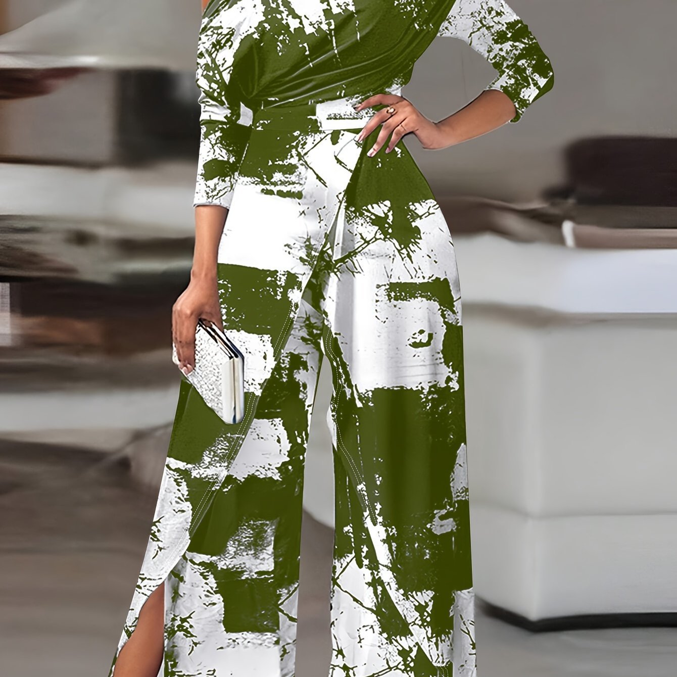 Color Block One Shoulder Jumpsuit, Elegant Split Jumpsuit For Spring ...