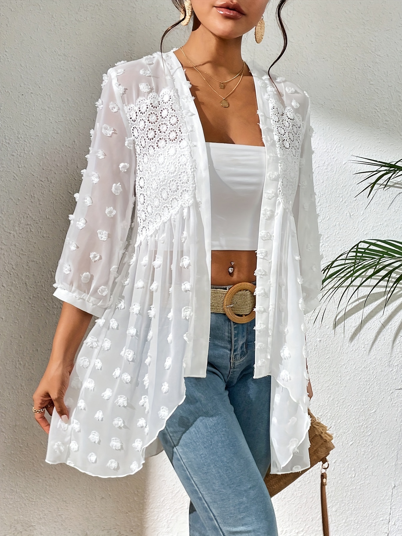 Solid Color Open Front Long Length Top, Elegant Loose Long Sleeve Swiss ...