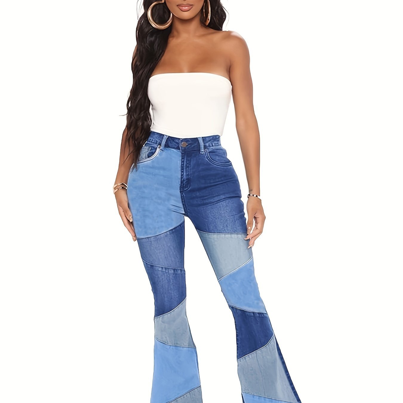 High Rise Colorblock Bell Bottom Wide Legs Flare Jeans, High Waist ...